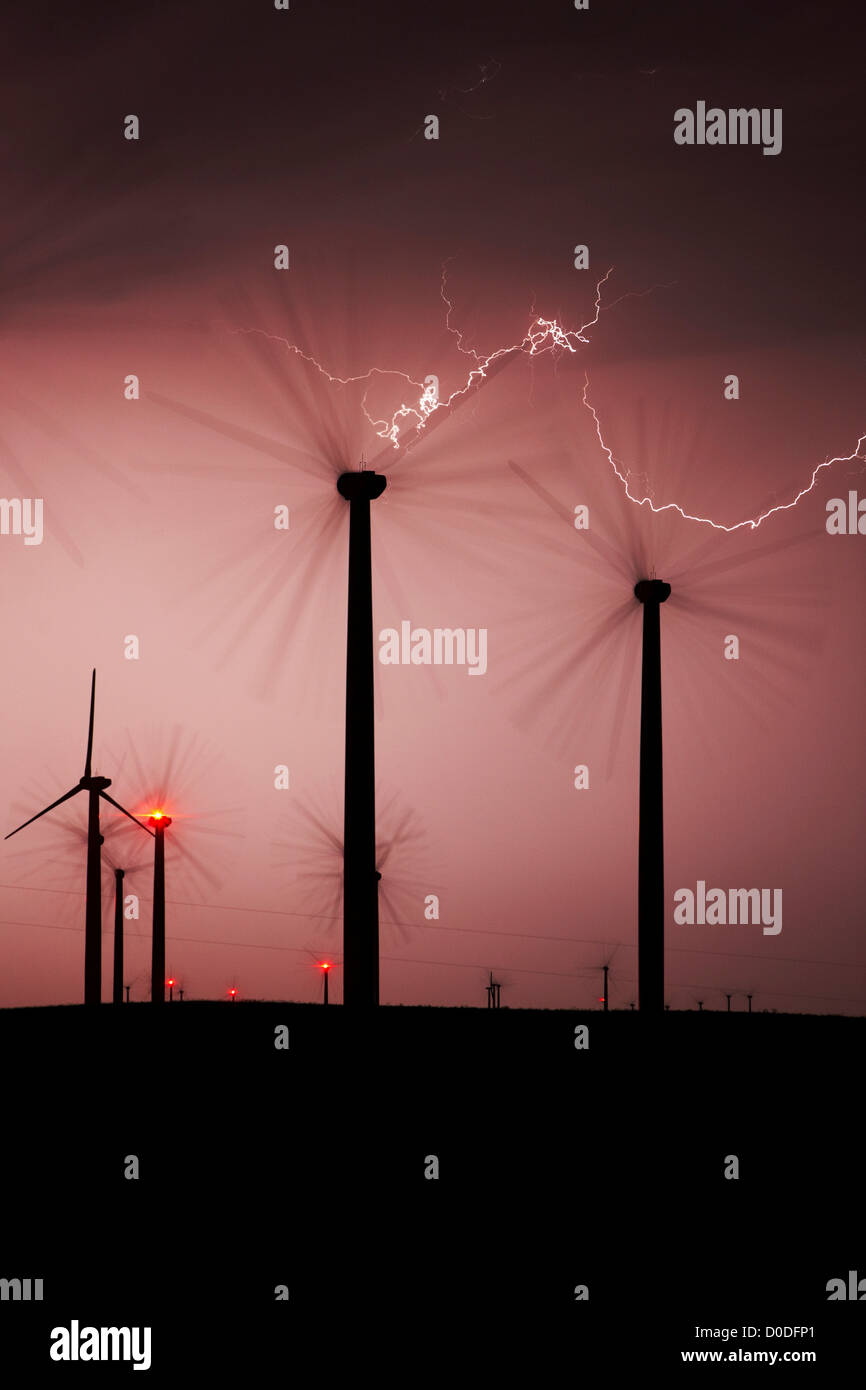 Severe thunderstorm unleashes lightning throughout a wind farm Stock ...