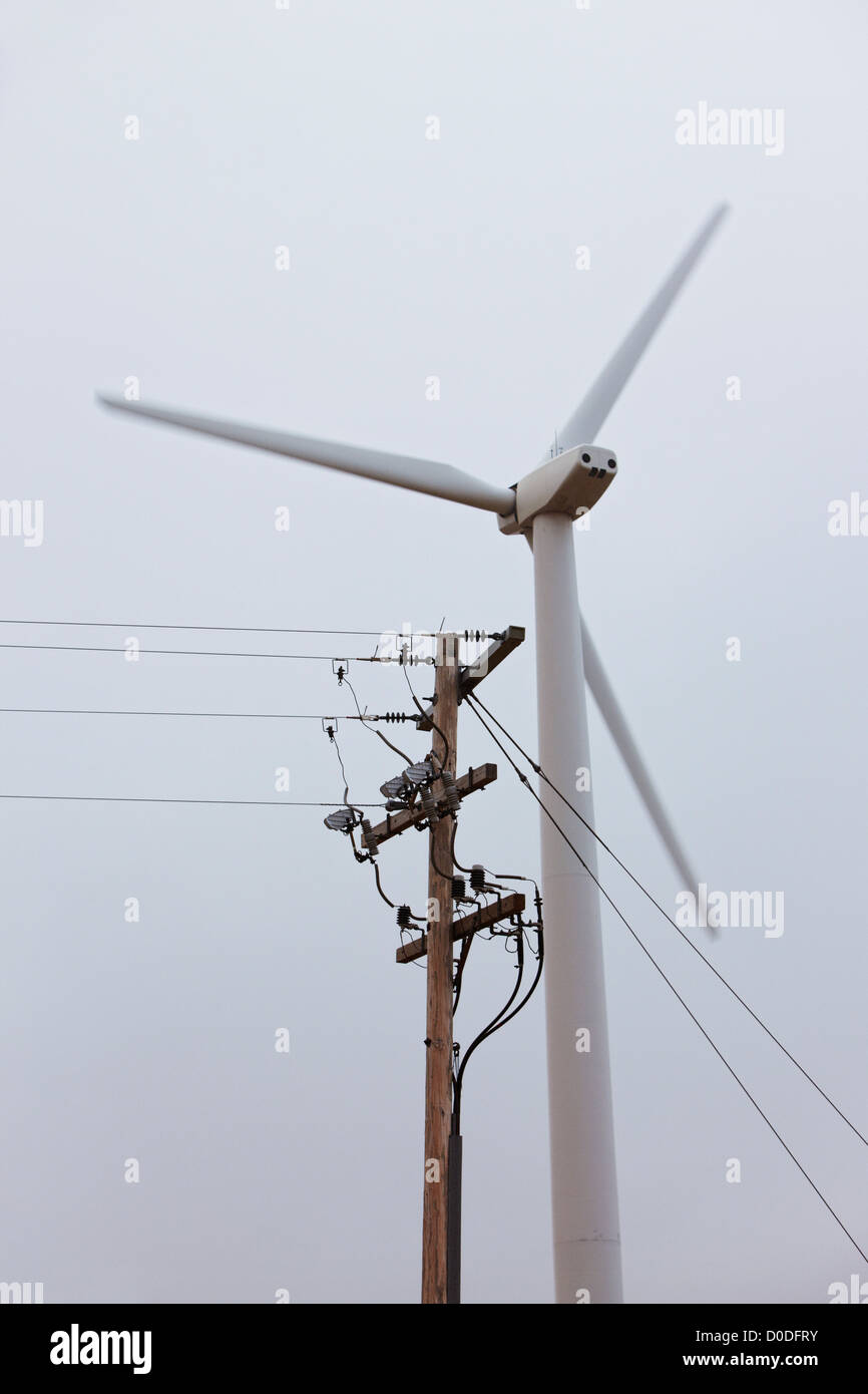 A wind turbine and power pole with power lines, beneath an overcast sky ...