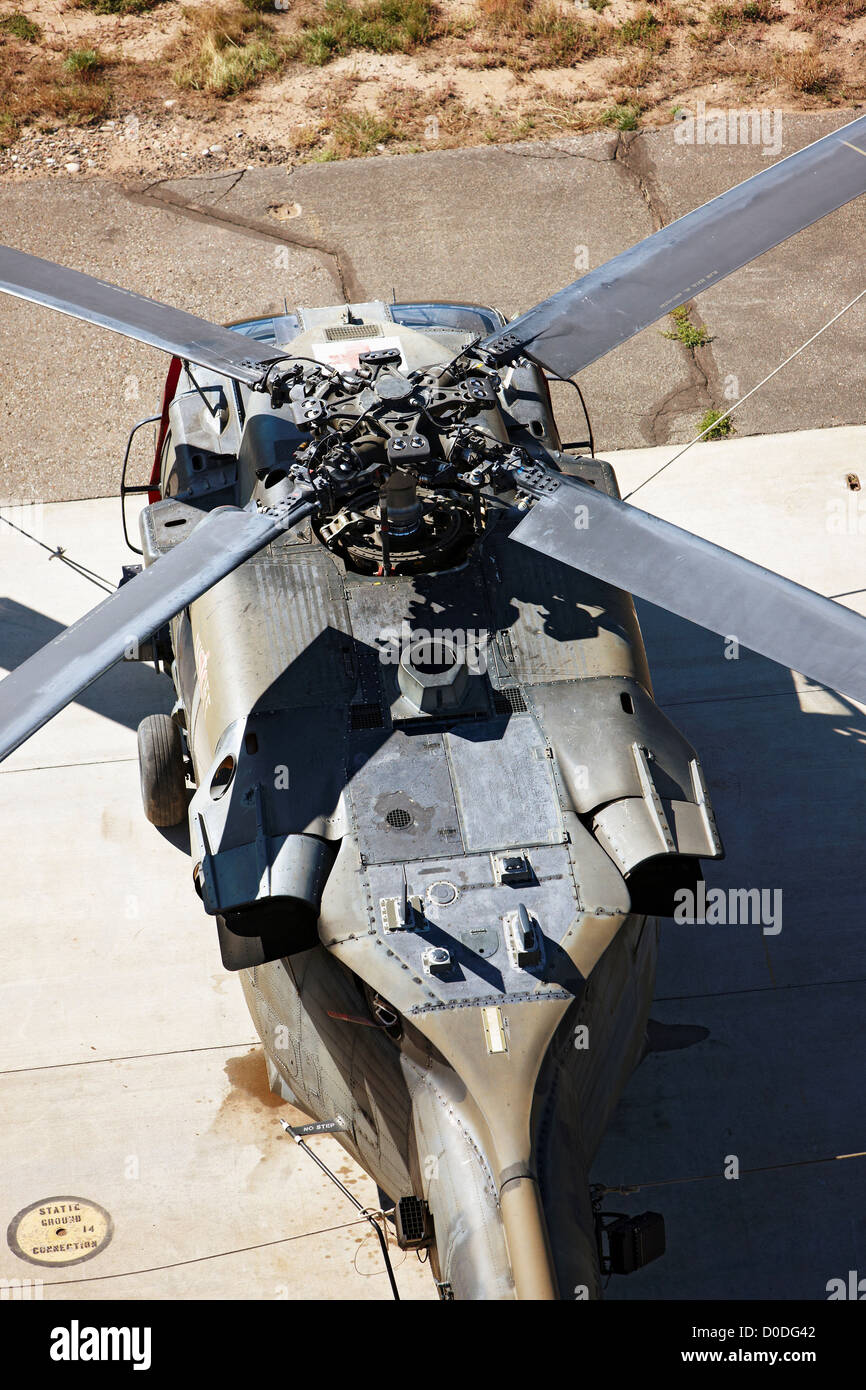 Aerial view of a Sikorsky UH-60 Blackhawk helicopter on the flight line ...
