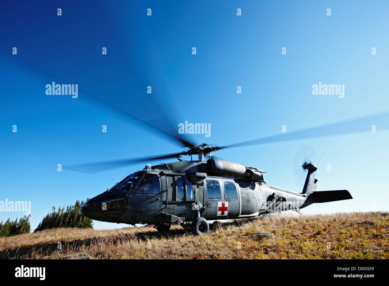 A U.S. Army UH-60 Blackhawk helicopter configured air ambulance medevac ...
