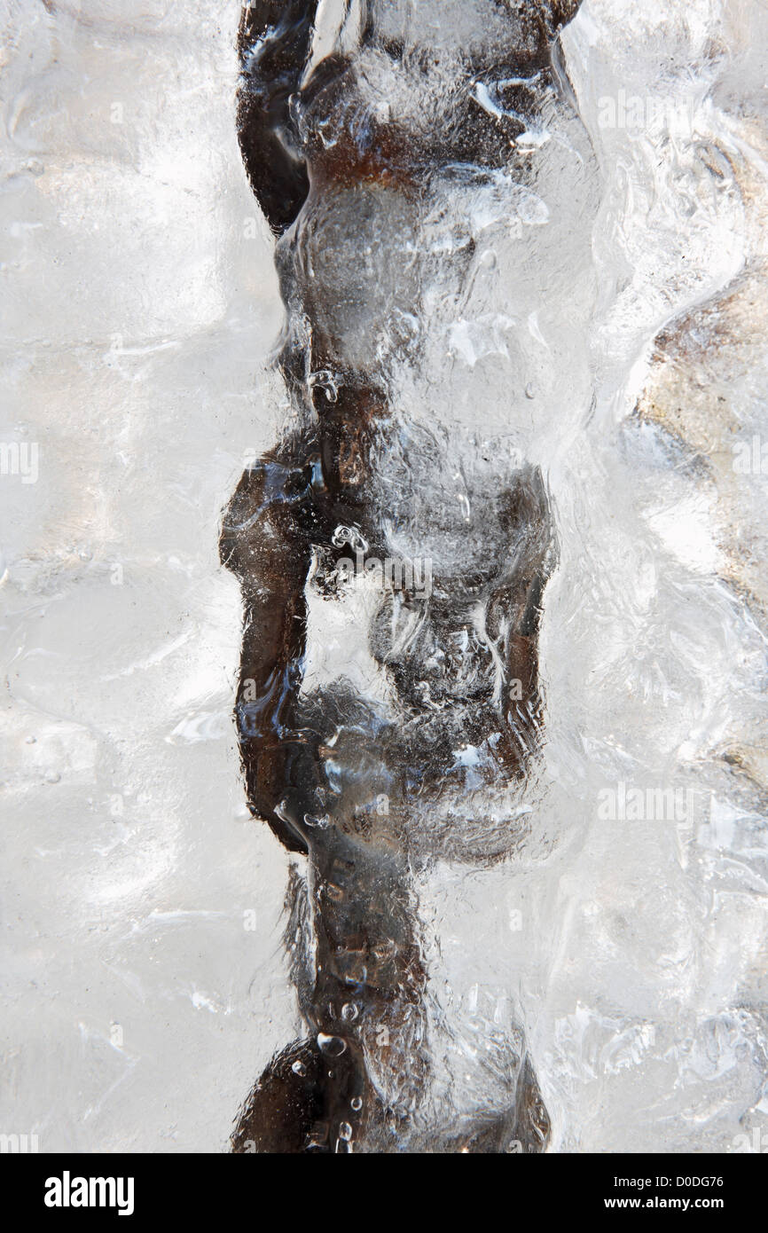 Chain for guiding roof water to ground is encased in ice after a snow ...