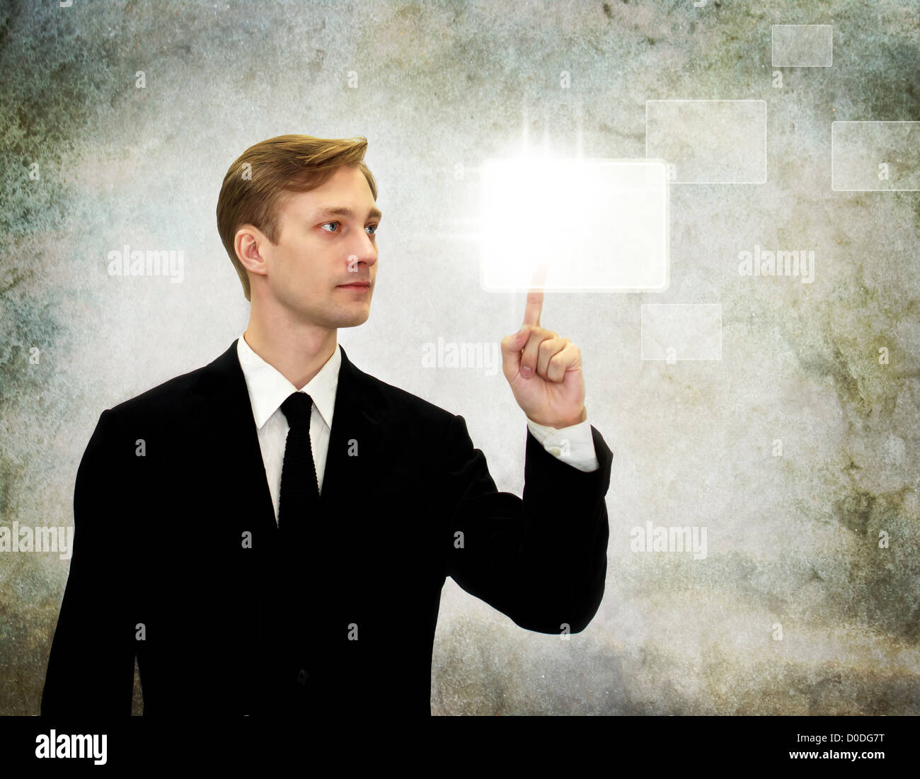 Young business man pressing a button on a touch screen Stock Photo - Alamy