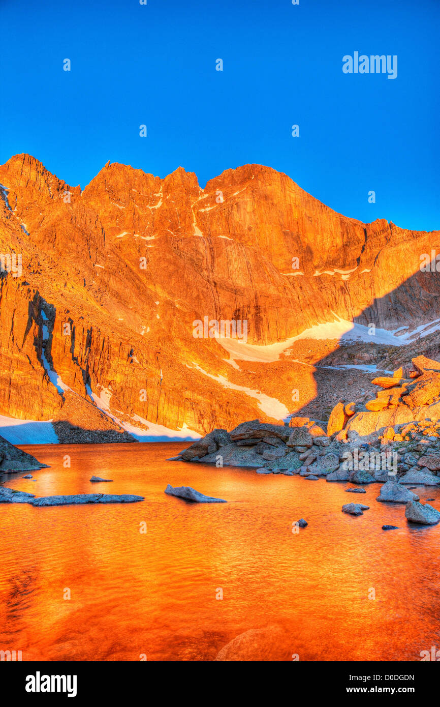 Chasm lake and the east face of Longs Peak (14,259 feet, 4,346 meters ...