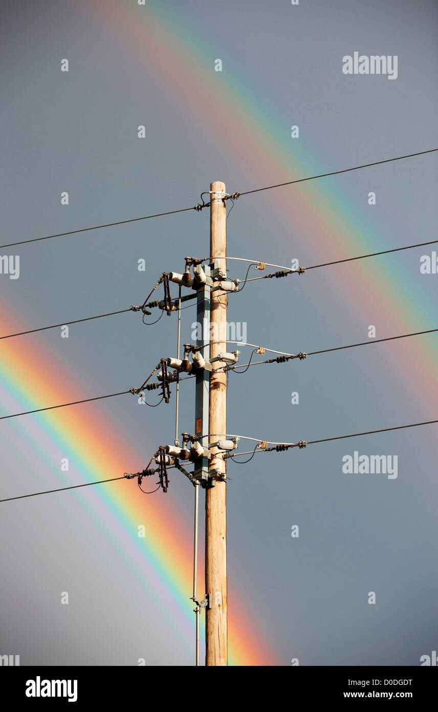 Double rainbow frames powerline pole Stock Photo - Alamy
