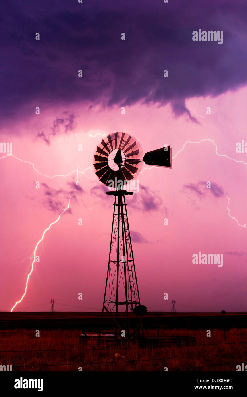Lightning and lone windmill, eastern plains of Colorado, USA Stock ...