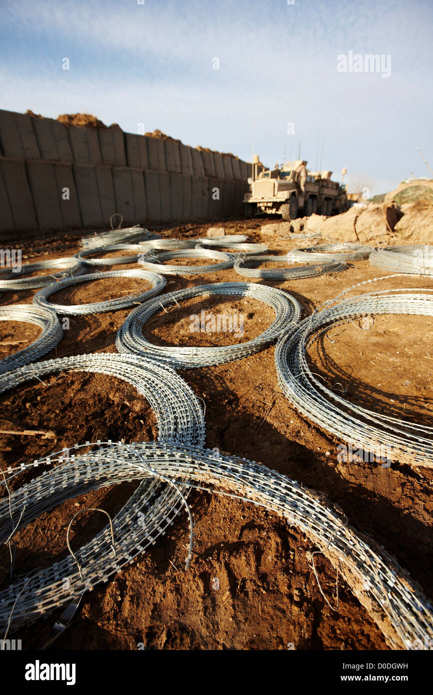 Coils of concertina razor wire at a small, remote United States Marine ...