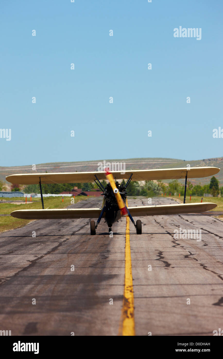 Boeing-Stearman Model 75 Biplane on runway, Lander, Wyoming Stock Photo ...