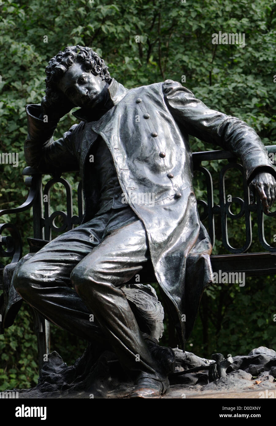 Bronze statue of Alexander Sergeyevich Pushkin in public gardens at ...