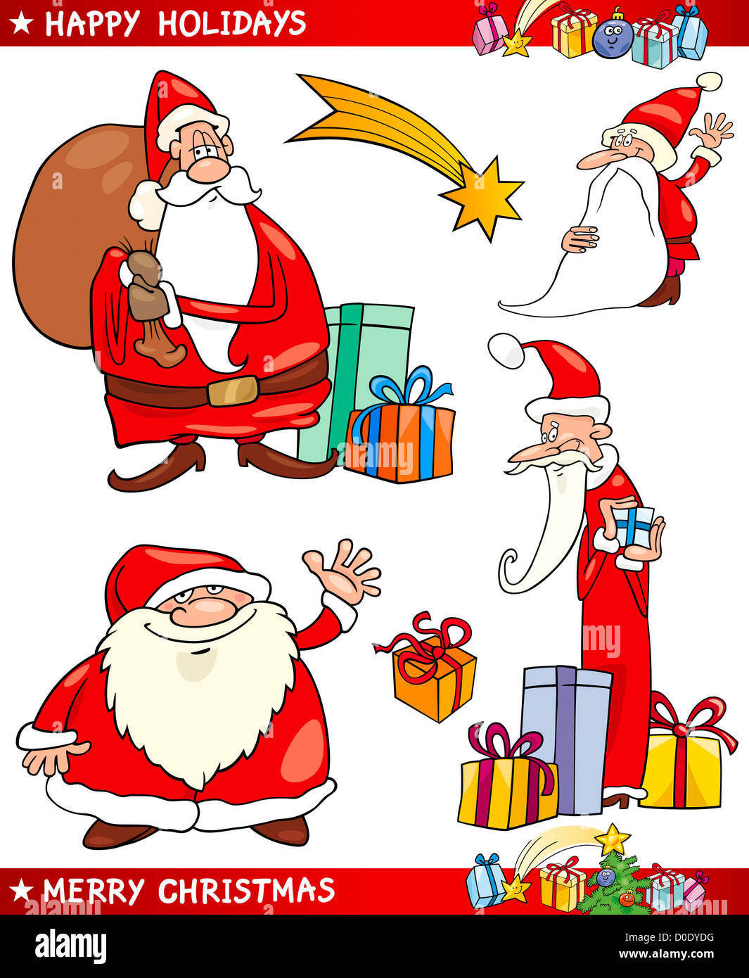 Cartoon Illustration of Santa Claus or Papa Noel, Presents and other ...