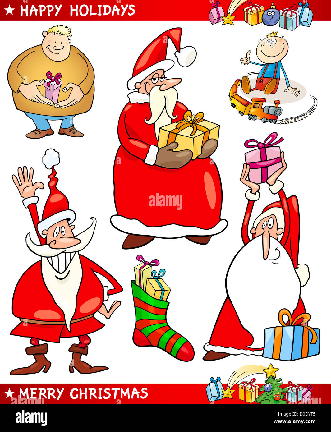 Cartoon Illustration of Santa Claus or Papa Noel, Presents, Happy ...