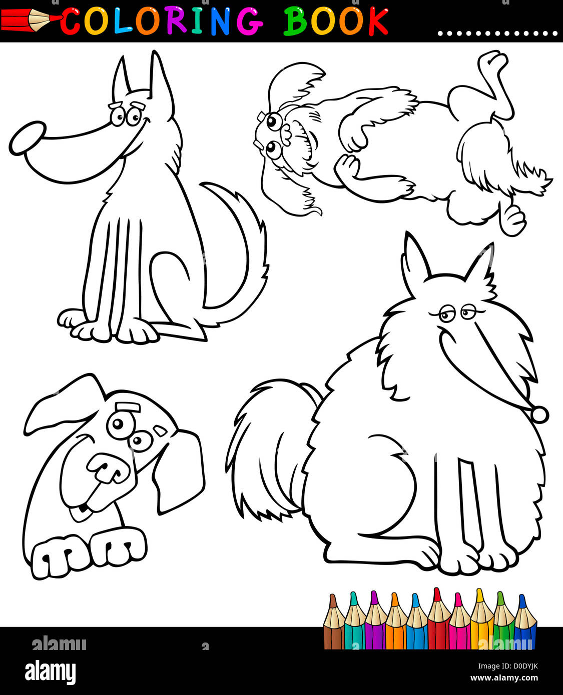 Coloring Book or Page Cartoon Illustration of Funny Dogs or Puppies for ...