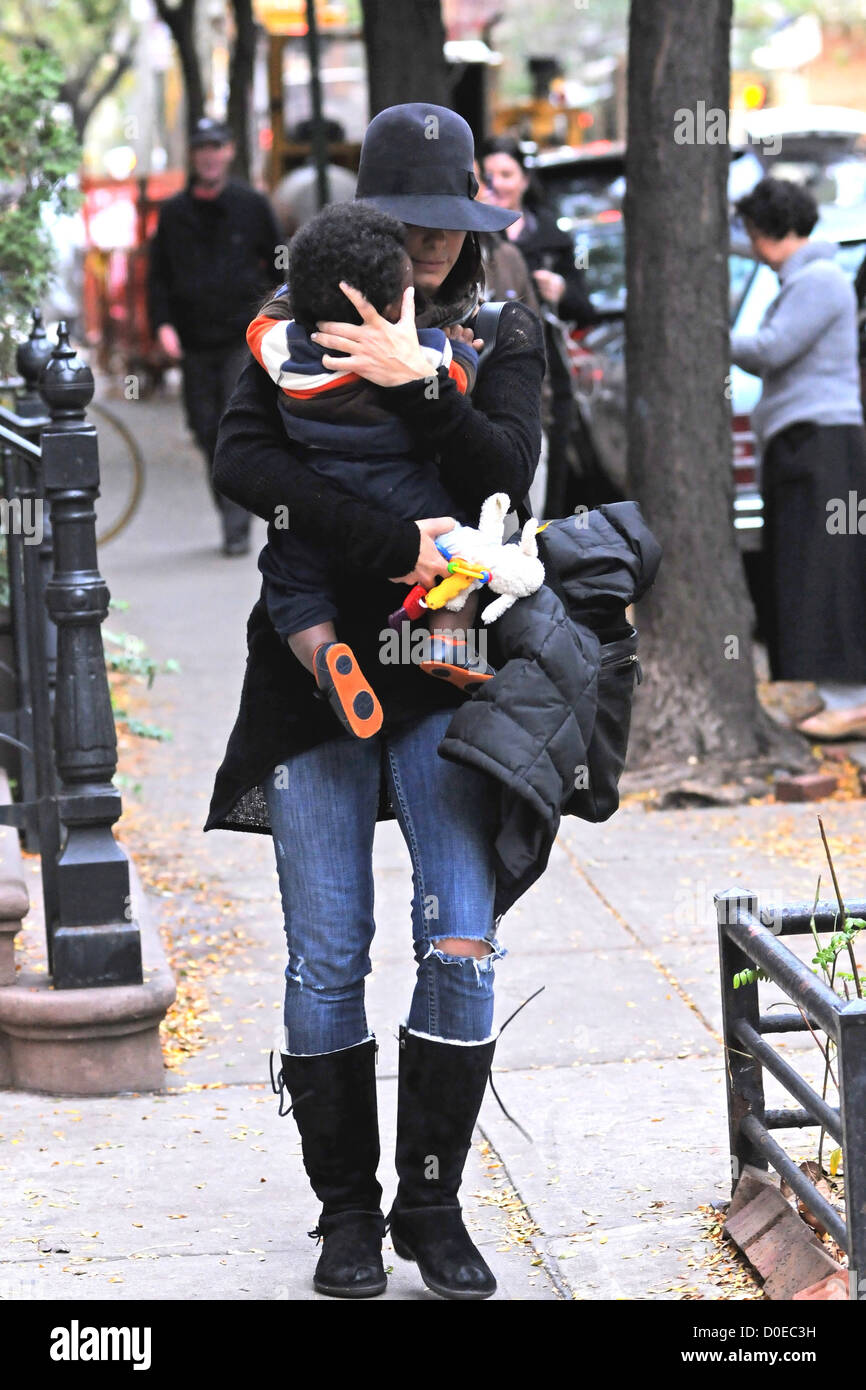 Sandra Bullock leaving her apartment, carrying son Louis Bardo New York ...