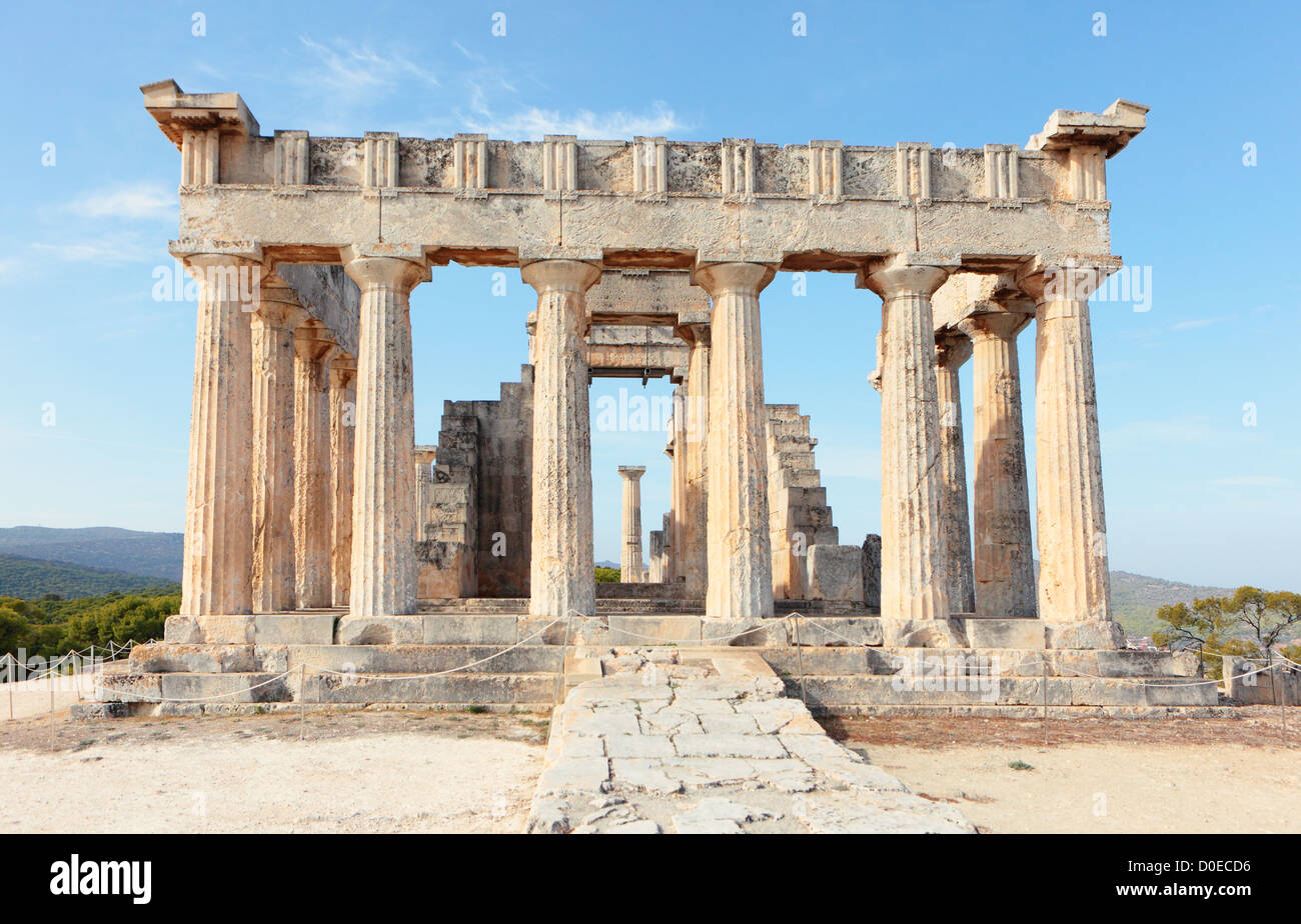 A view into the entrance of the Doric temple of Aphaia on Aegina island ...