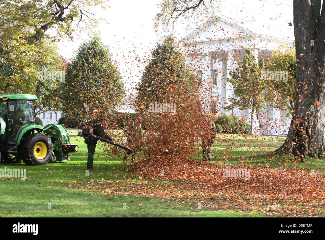 National Park Service Rangers leaf blowing on the North Lawn of The ...