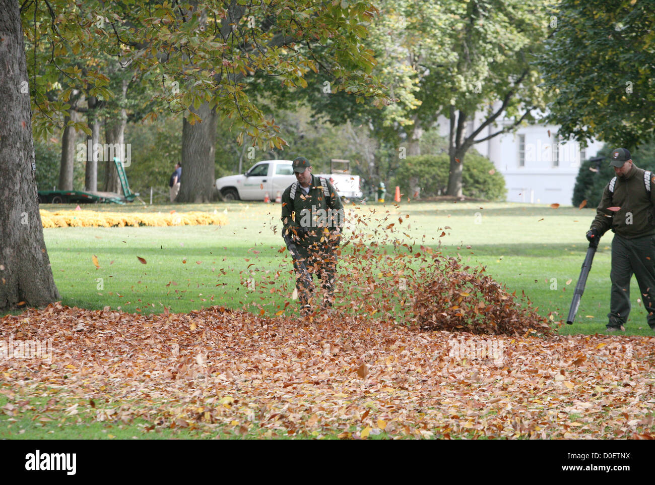 National Park Service Rangers leaf blowing on the North Lawn of The ...