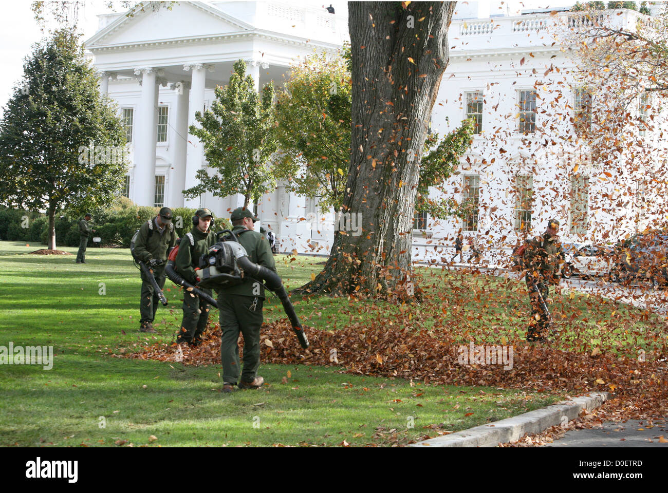 National Park Service Rangers leaf blowing on the rth Lawn of The White ...
