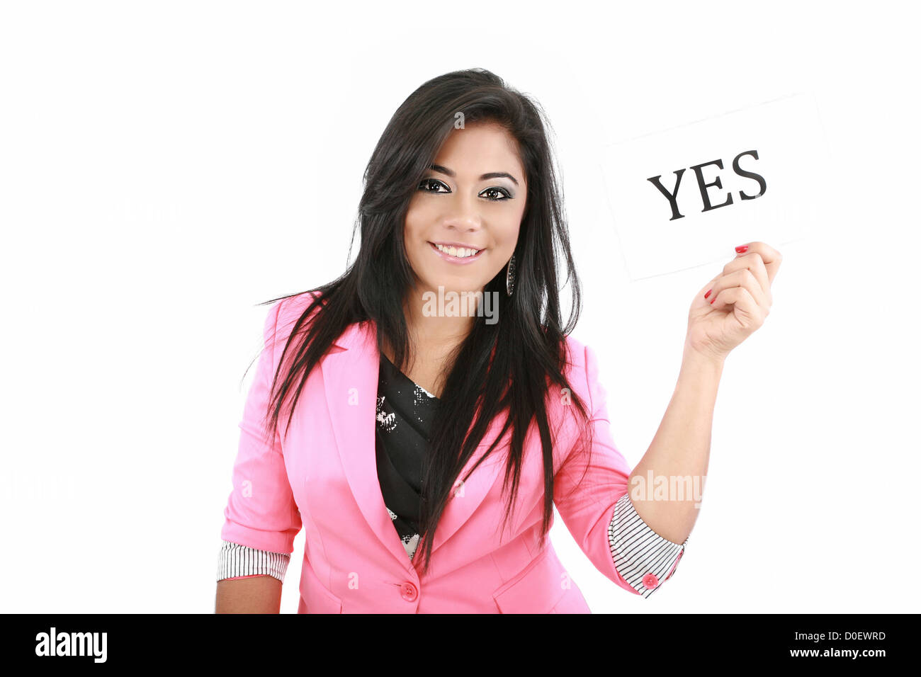 happy portrait young woman with board YES Stock Photo - Alamy