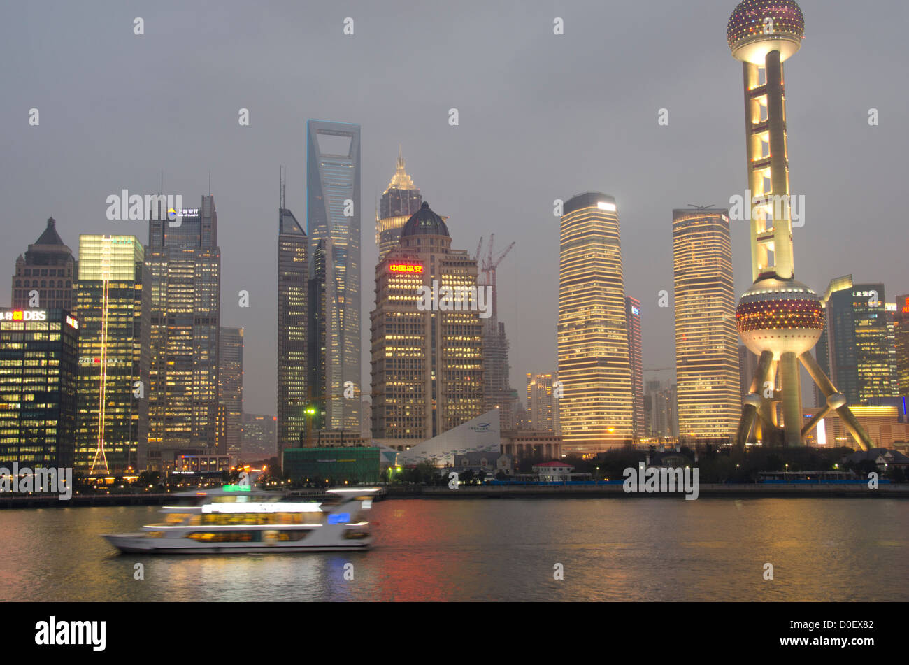 China, Shanghai. Evening view of the modern Pudong area (aka New ...