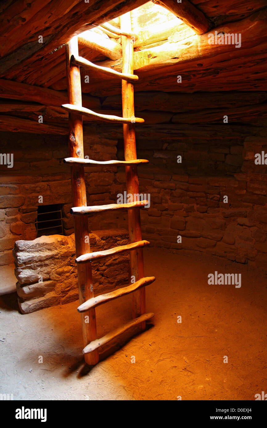 The ladder into a kiva with a reconstructed roof, at Spruce Tree House ...