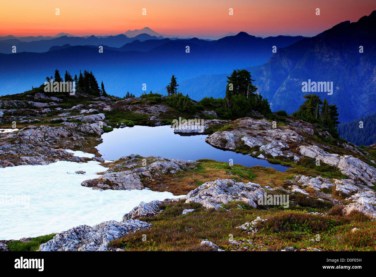 Sunset looking north across Cascades Goat Flats on Whitehorse Mountain ...