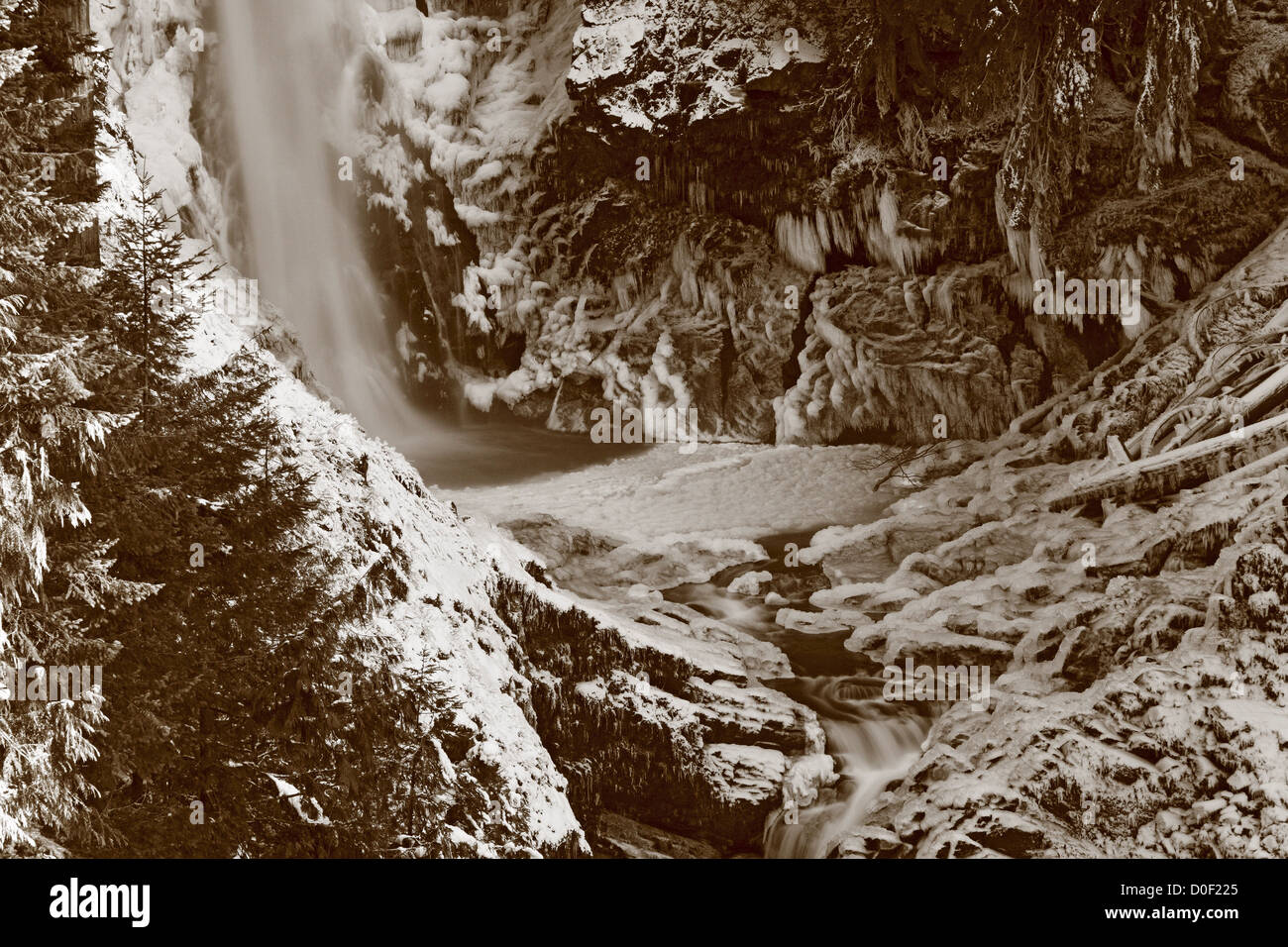 Snow and ice around Wallace Falls in winter, Wallace Falls State Park ...