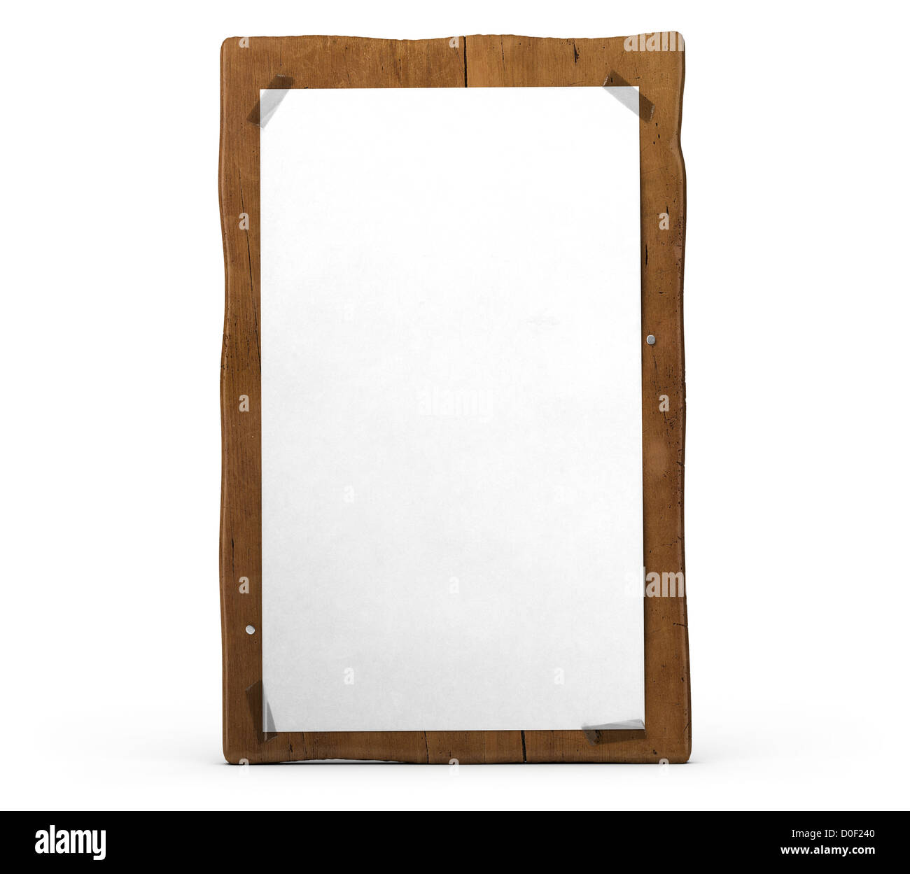 blank vertical wooden sign with white paper fixed with adhesive plastic ...