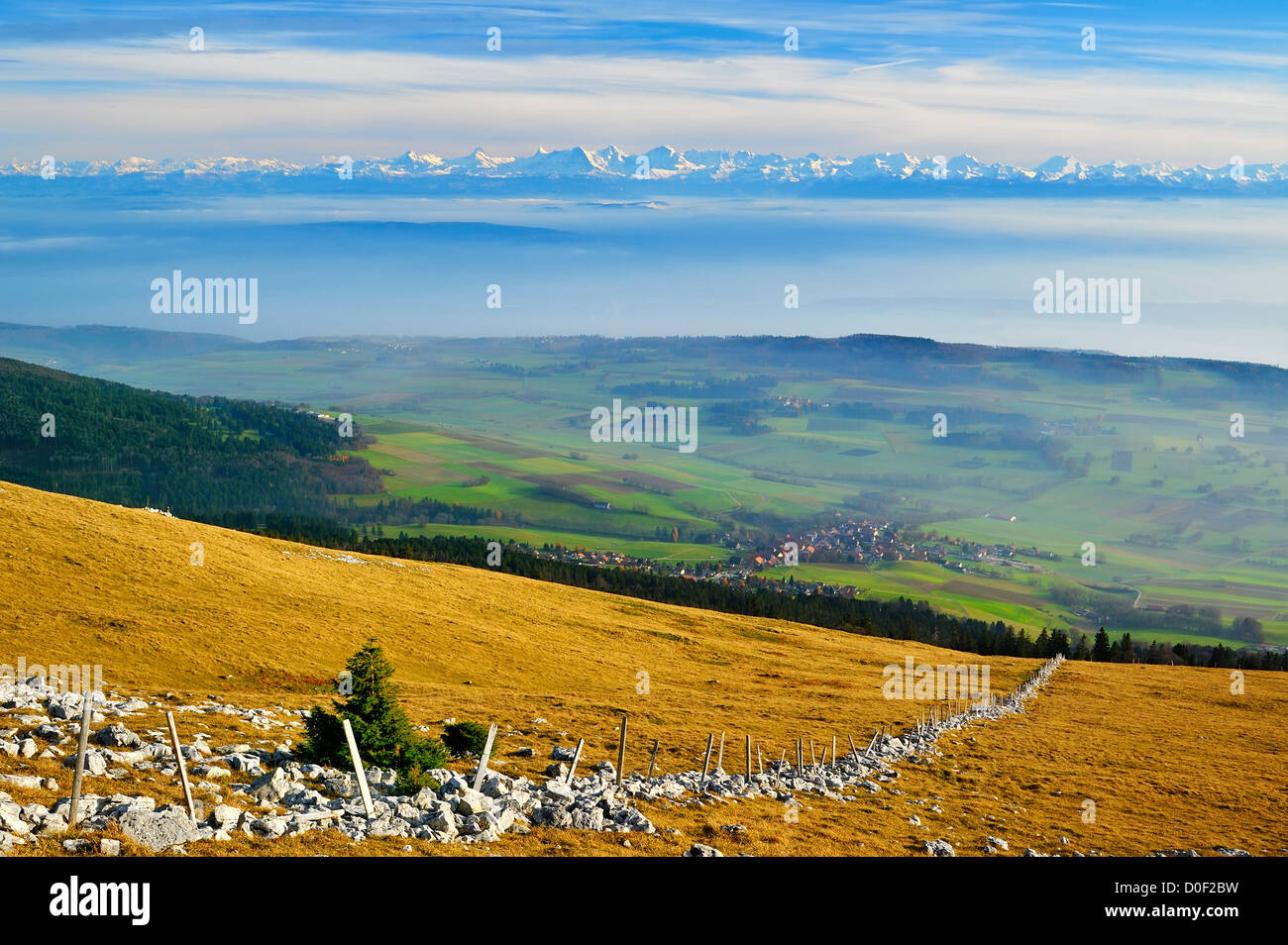 View from Mount Chasseral (Jura Mountains) across the fog covered Swiss ...