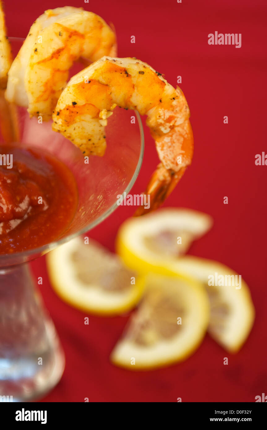shrimp with cocktail sauce and lemon twirl Stock Photo - Alamy