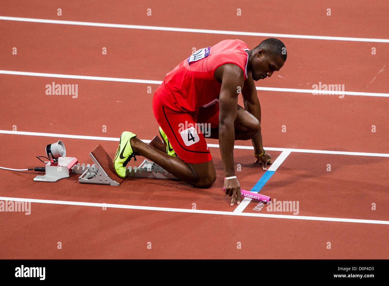 Lalonde Gordon (TRI) starts the final of the 4X400 relay at the Olympic ...