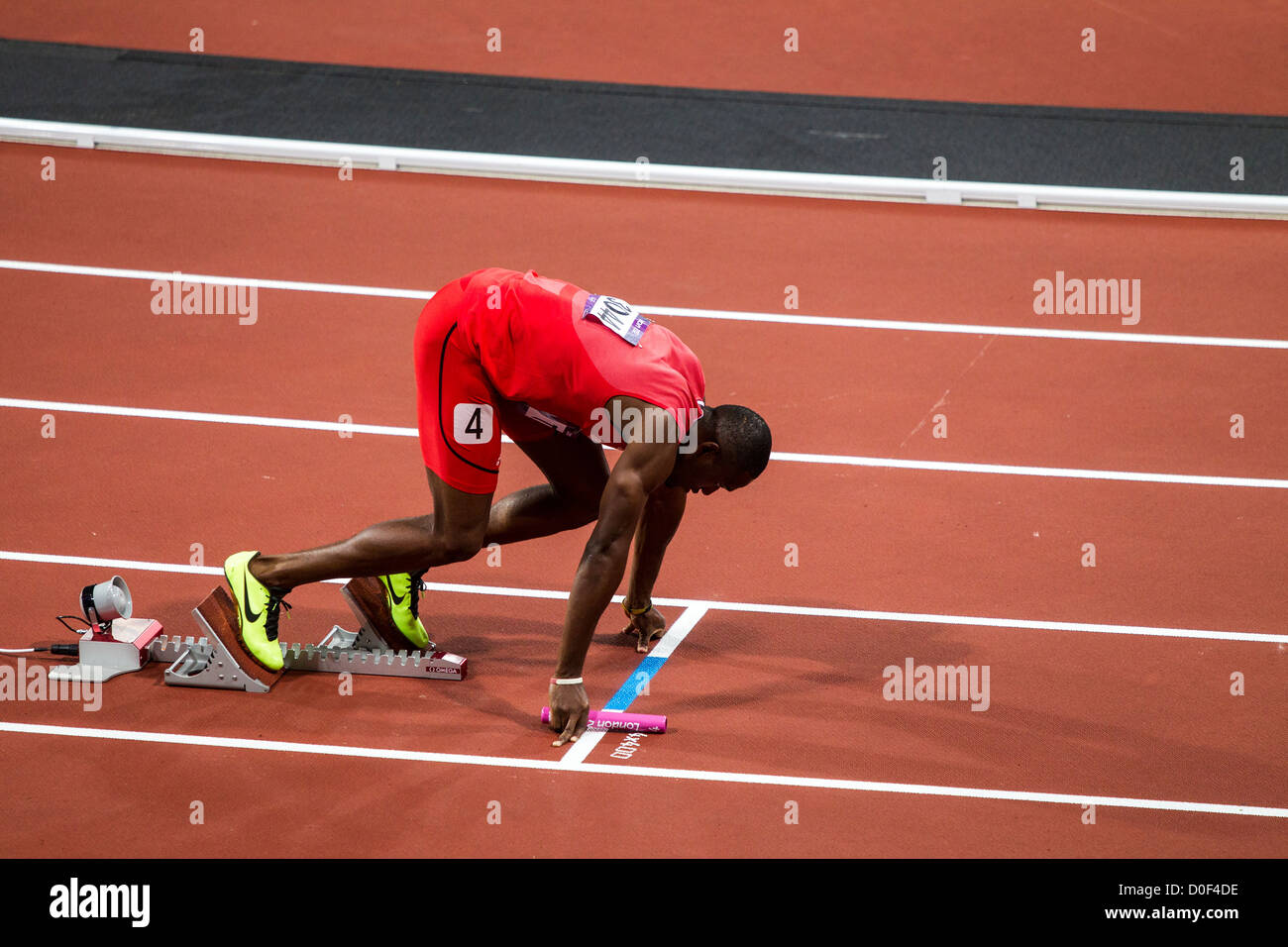 Lalonde Gordon (TRI) starts the final of the 4X400 relay at the Olympic ...