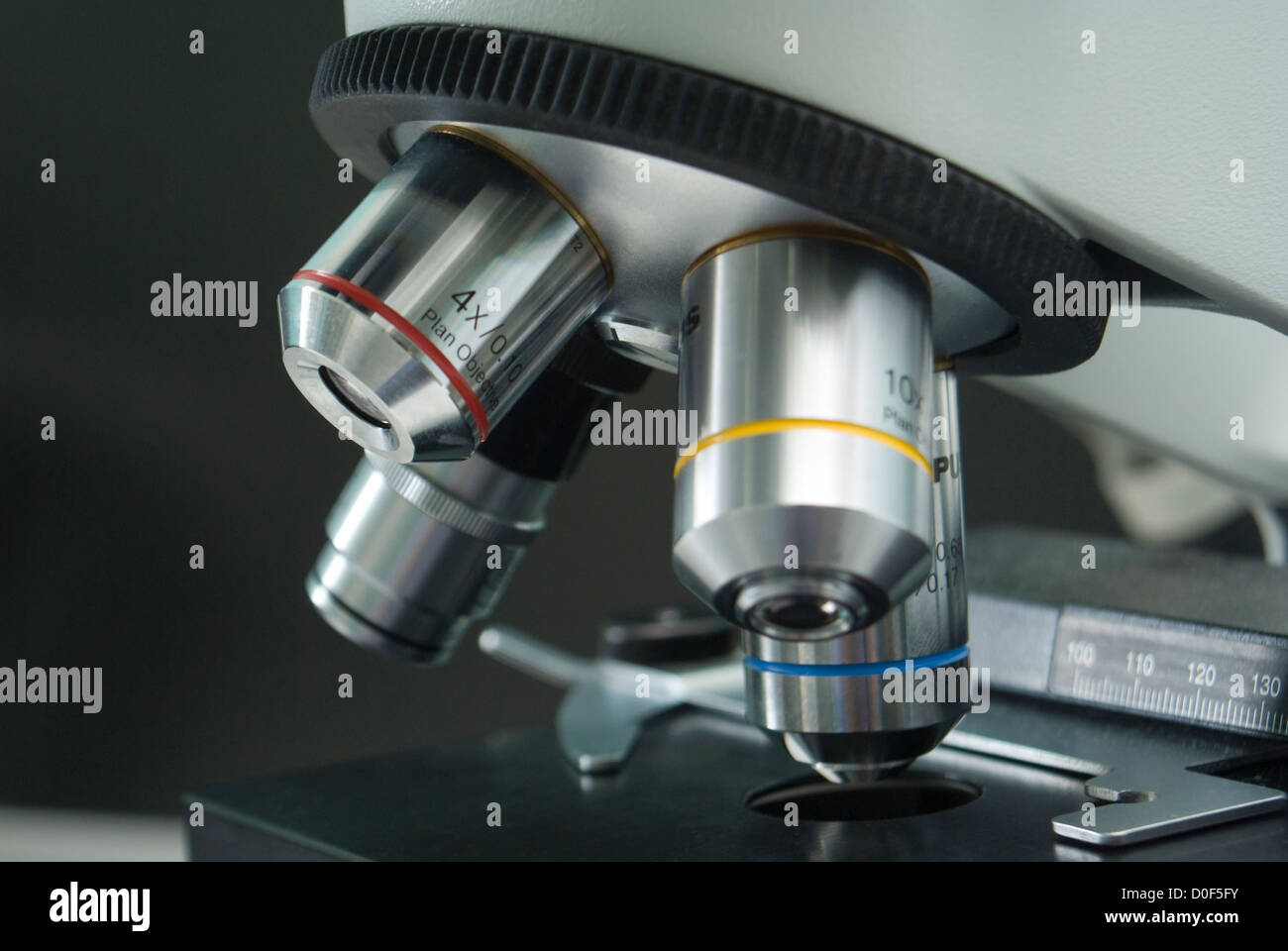 Microscope closeup; Focus on blue lens; Shallow depth of field Stock ...