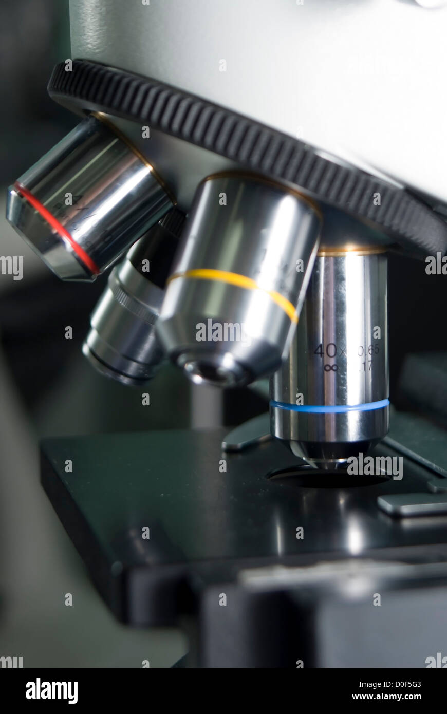 Microscope closeup; Focus on blue lens; Shallow depth of field Stock ...