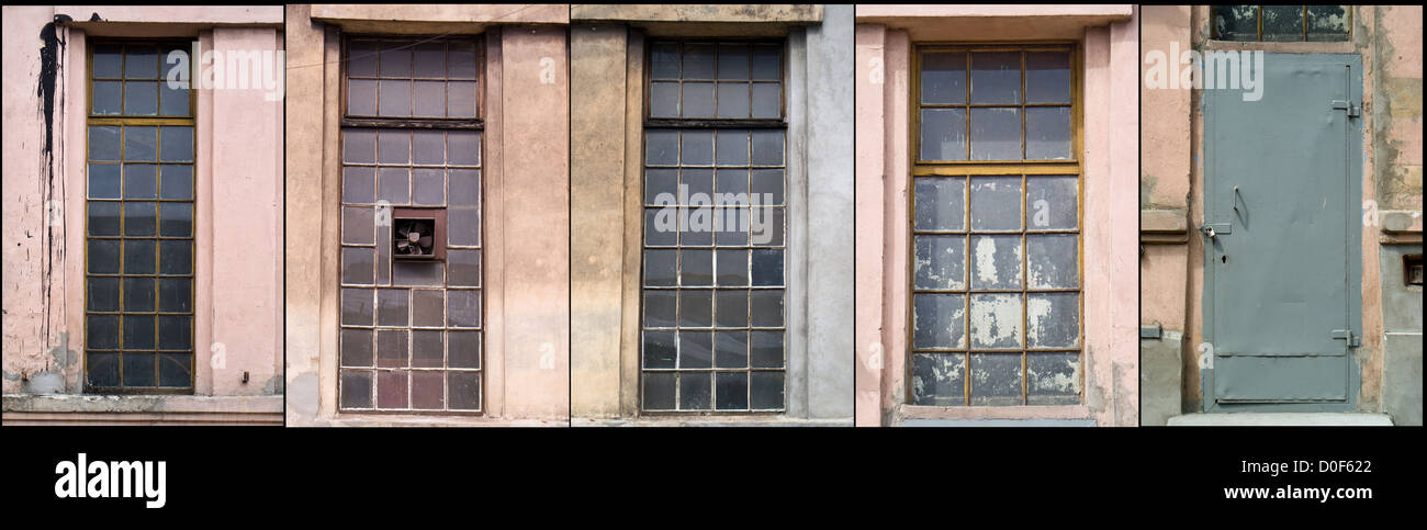 set of industrial vintage windows and door Stock Photo - Alamy