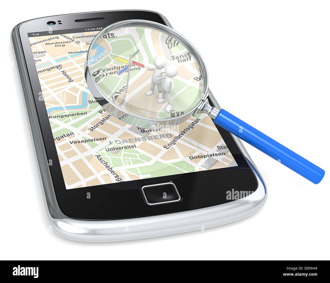 Black Smartphone with a GPS map and 3D people looking at Road Sign ...