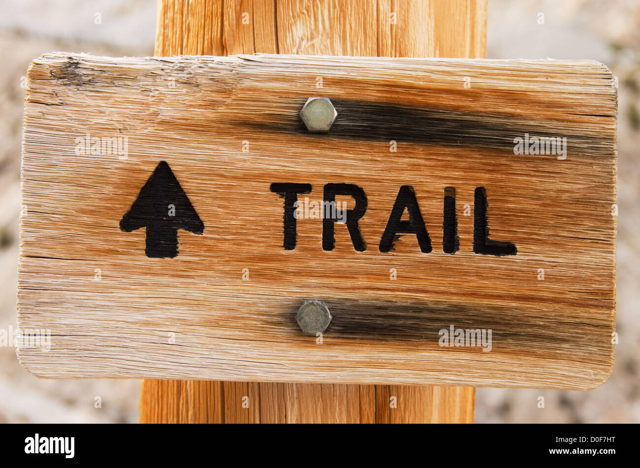 wooden trail sign on wood post with arrow Stock Photo - Alamy