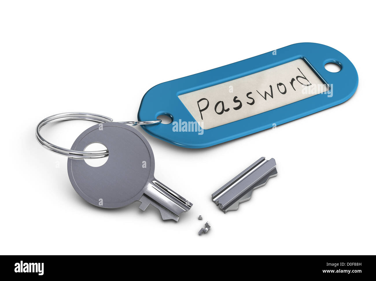 broken key with plastic keyring with the word password handwritten on ...