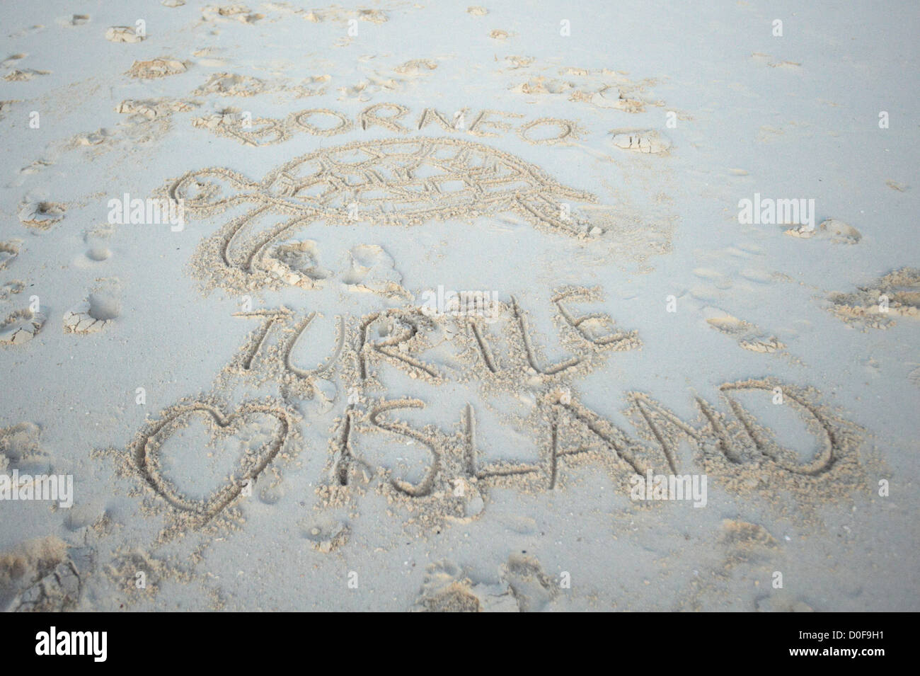 'Turtle Island' written in sand, with drawing of turtle on Selingan ...