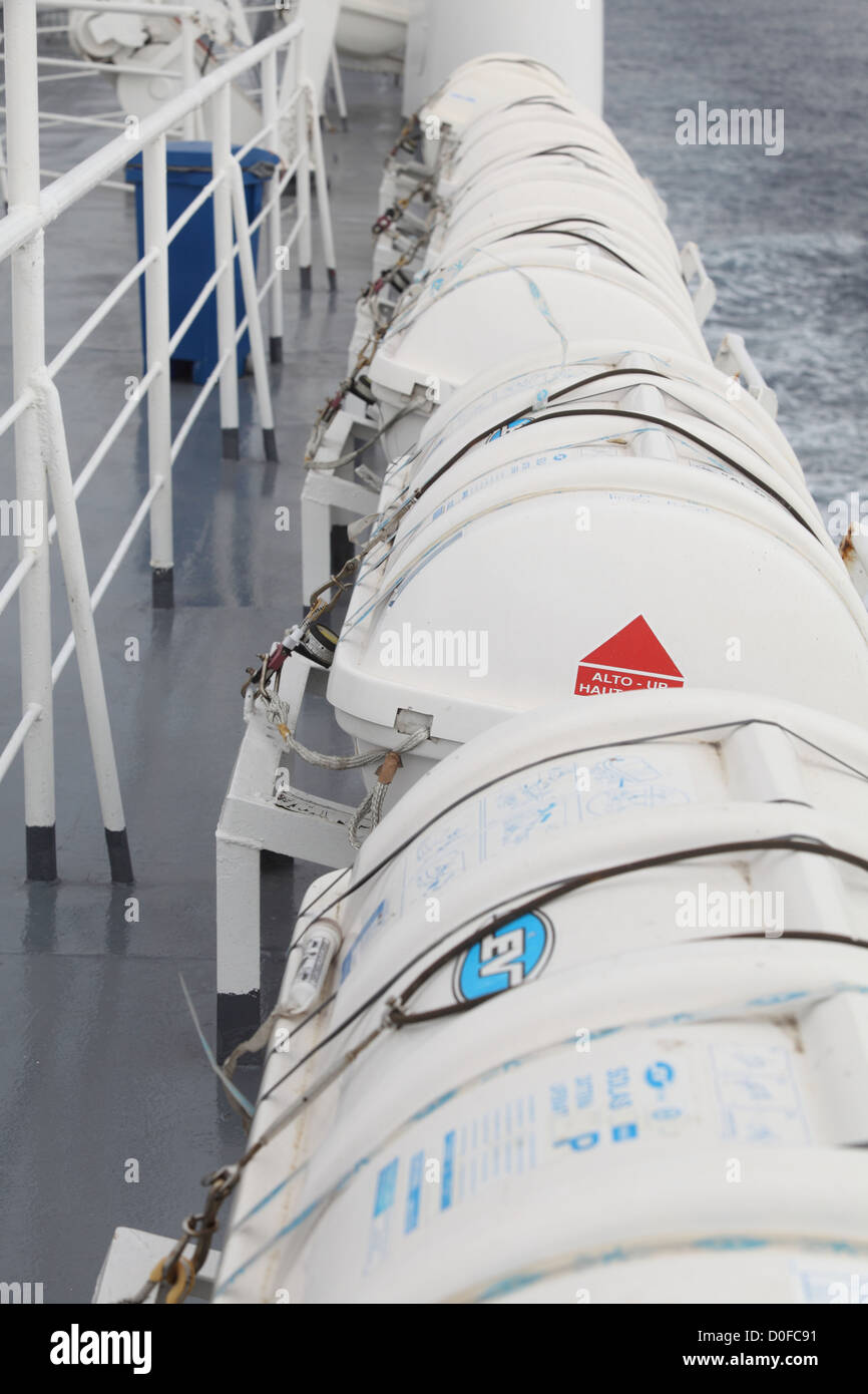 A row of inflatable liferafts on a Greek ferry Stock Photo - Alamy