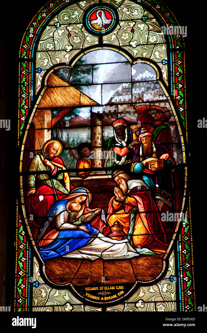 Stained glass in the Church of San Vicente in Ciboure French Basque ...