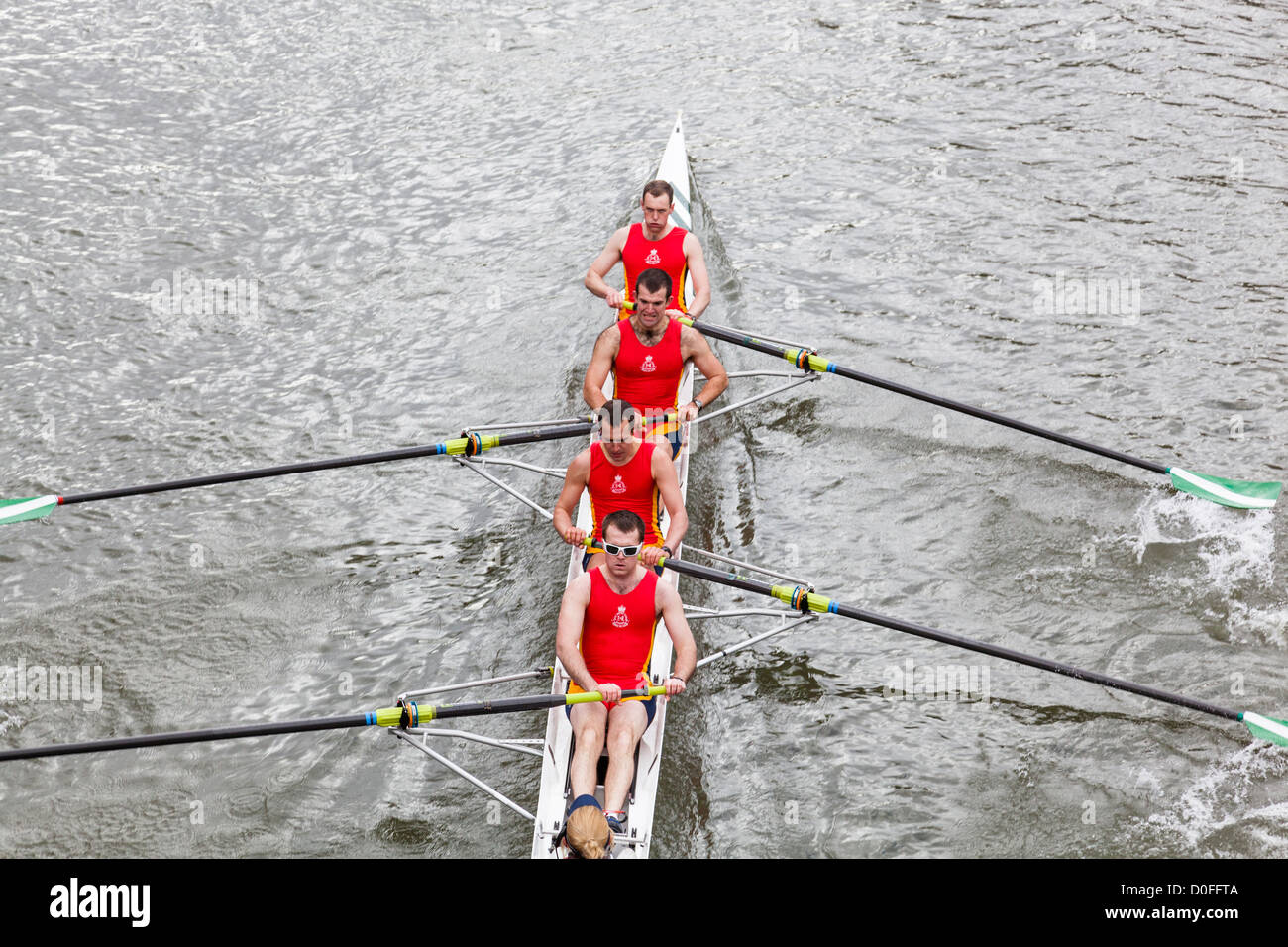 Men's coxed four viewed from above, rowing in the Head of the River ...