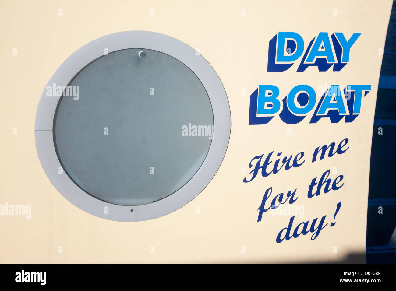 Narrowboat canal boat day boat for hire sign and porthole on side of ...