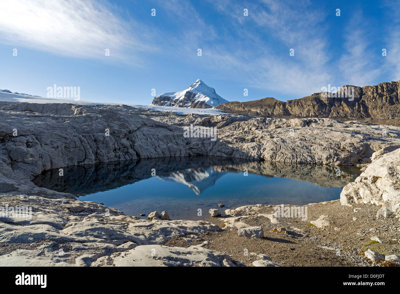 Waterhole in the karst field of the Col du Sanetsch Col du Sénin Stock ...