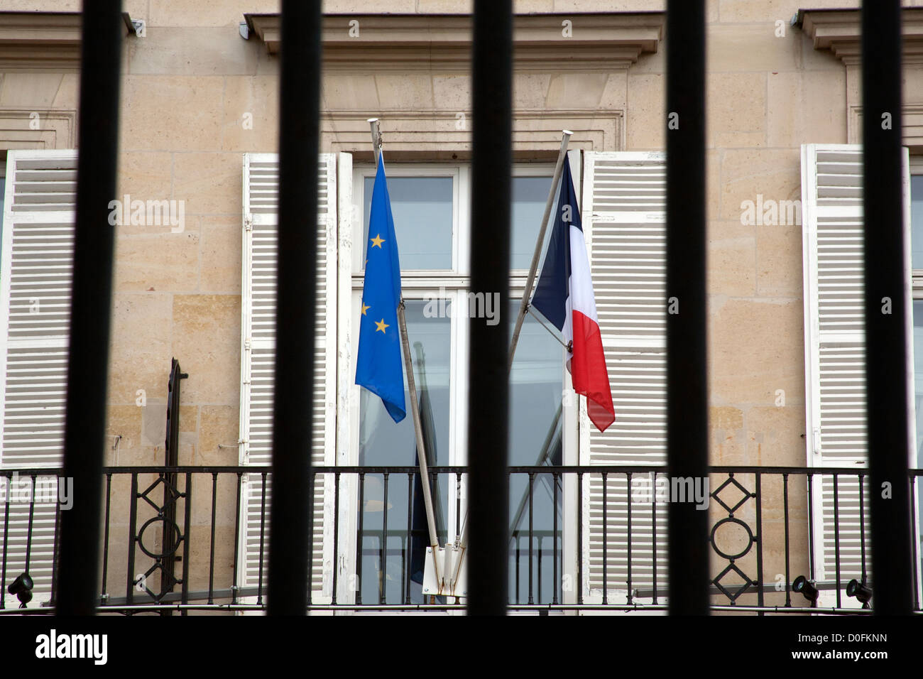 French and EU flag hanging on the outside of a window, Paris, France ...