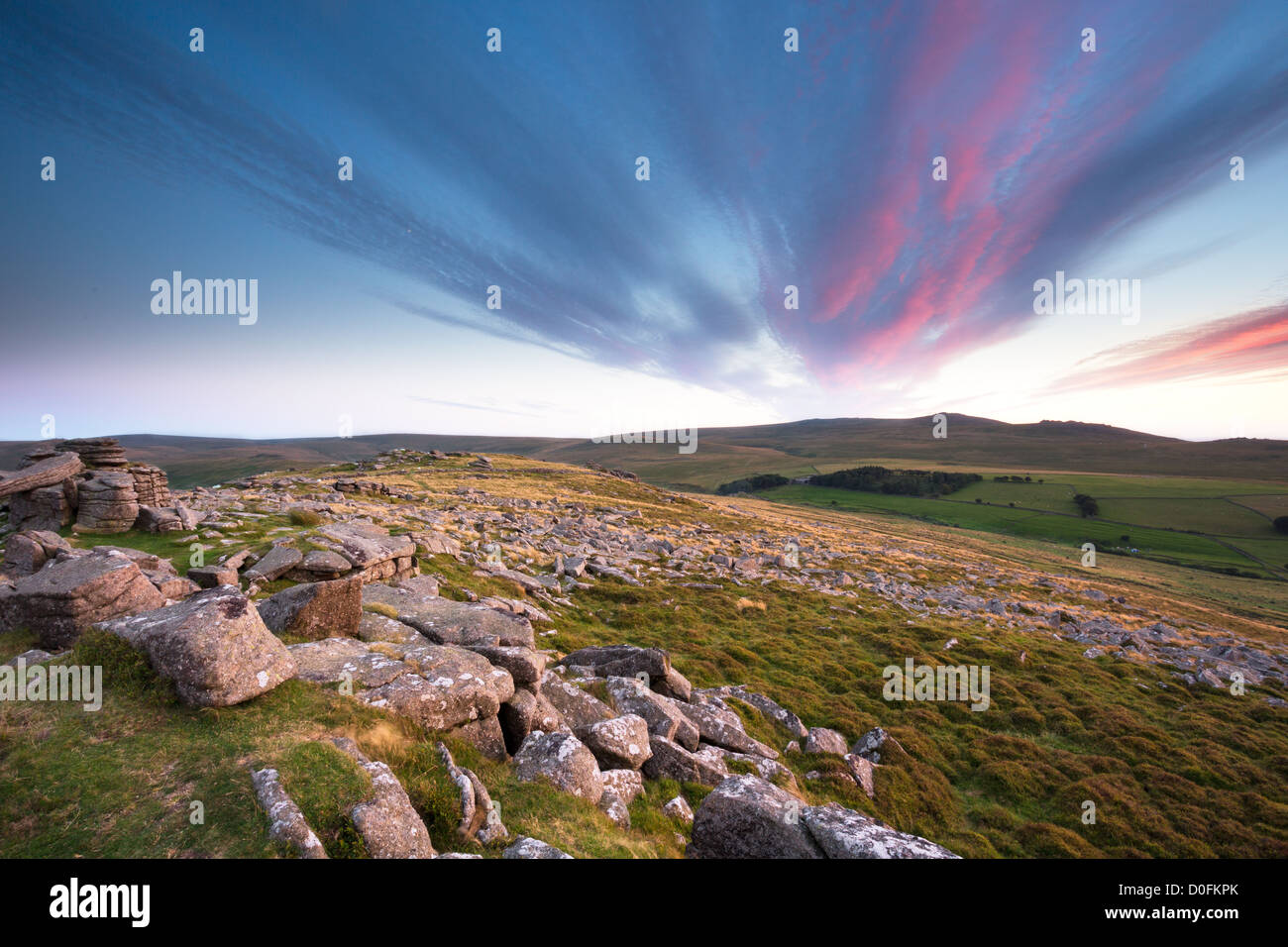 Sunset from the slopes of Belstone Tor with West Mill Tor and Yes Tor ...