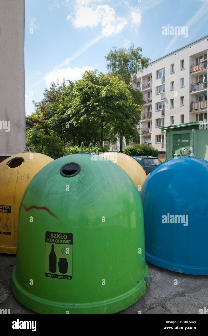 Recycling containers in housing estate, Wadowice, Poland Stock Photo ...