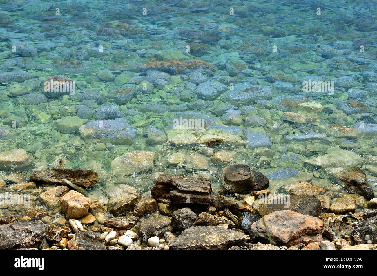 Clear blue sea water and stone beach background Stock Photo - Alamy