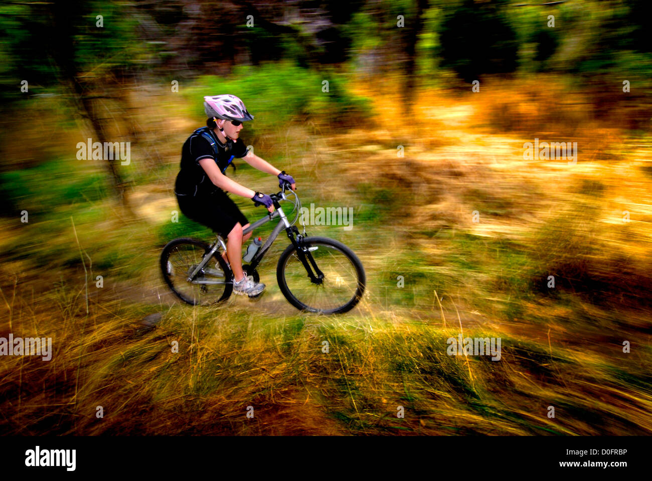 Young woman girl mountain biking on trail Stock Photo - Alamy
