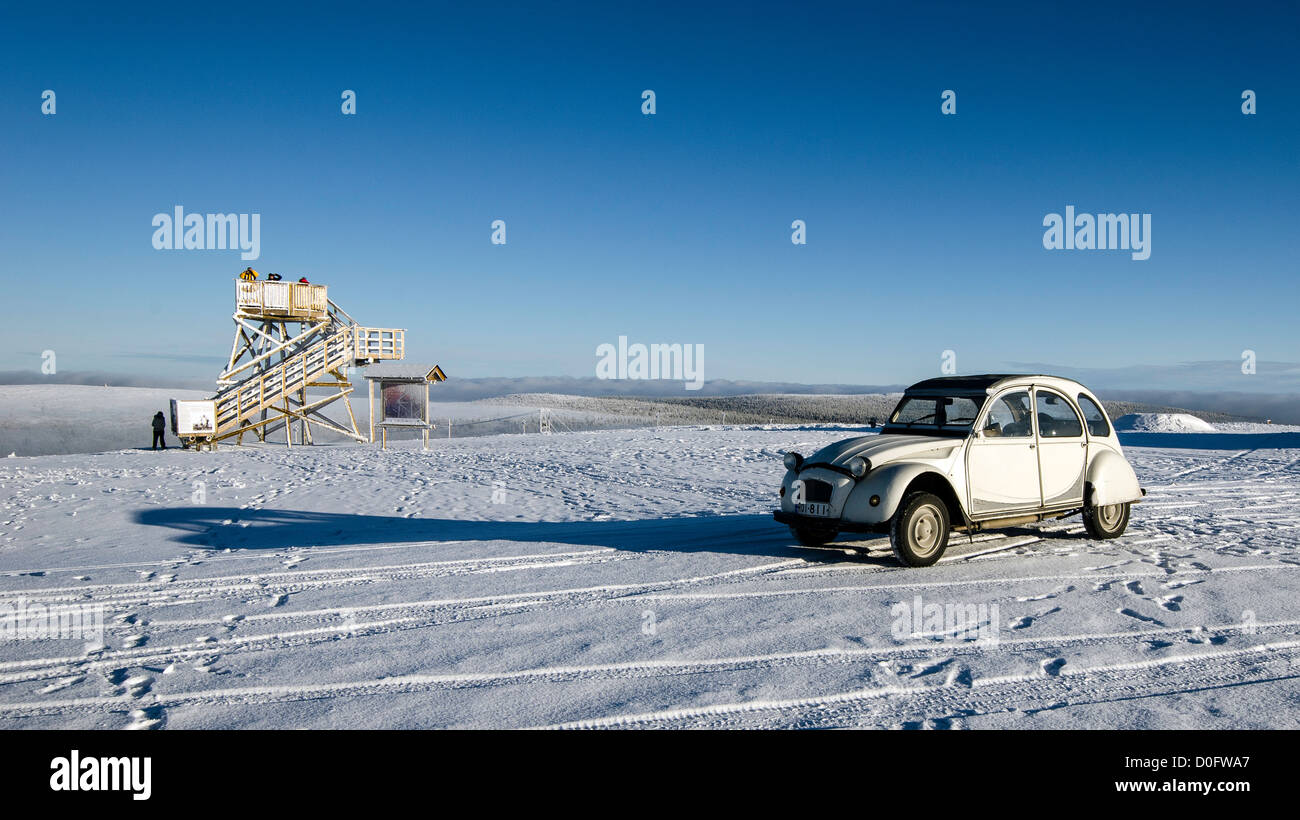 View point and white Citroen car on snow Saariselka Inari Lapland ...