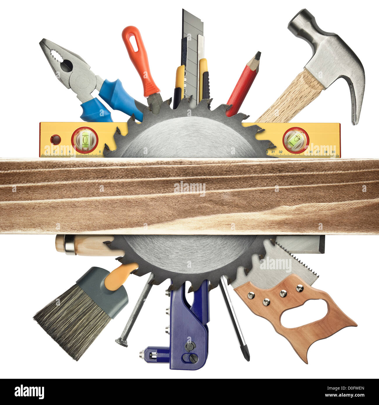 Carpentry background. Tools underneath the wood plank Stock Photo - Alamy