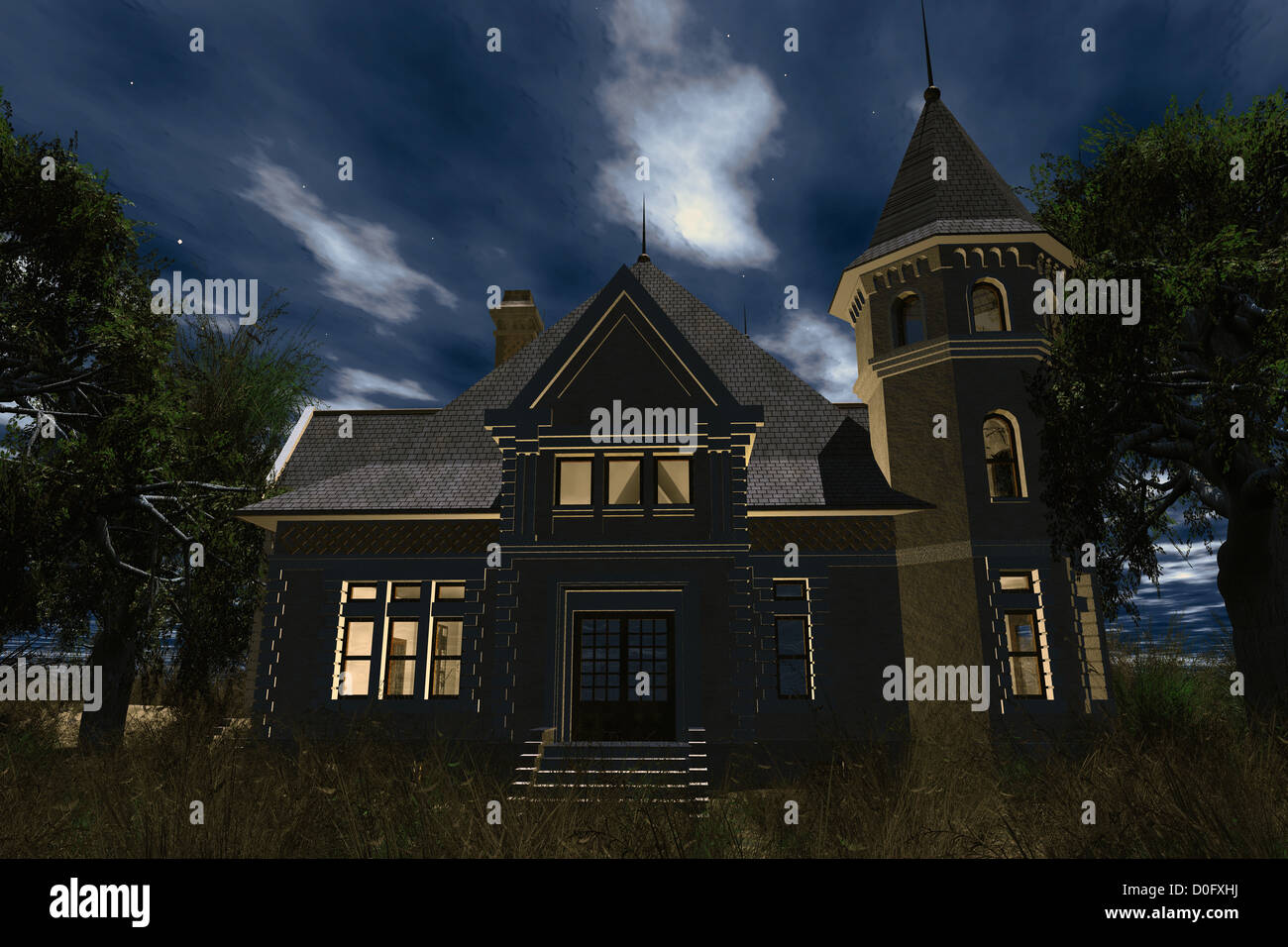 Scary House at night 3D render Stock Photo - Alamy